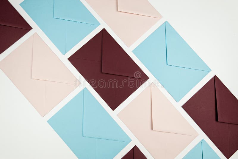 Top View of Colourful Envelopes on White Background. Pink, Blue and ...