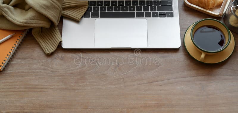 Top View of Comfortable Workplace with Laptop Computer and Coffee Cup ...