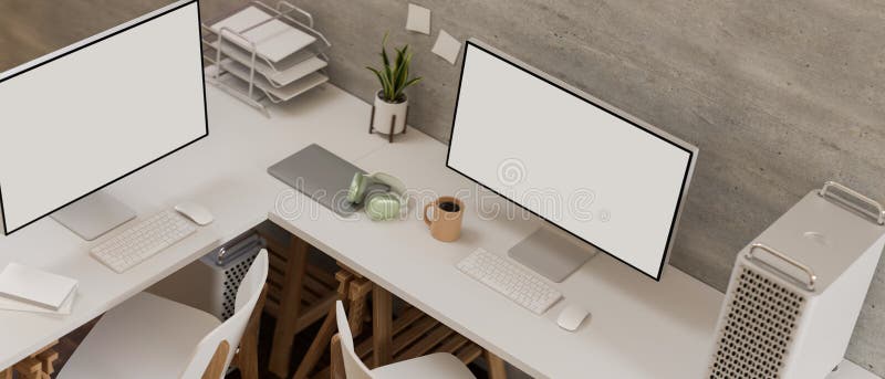 Top View of Comfortable Workplace with Two Computer, Office Supplies ...