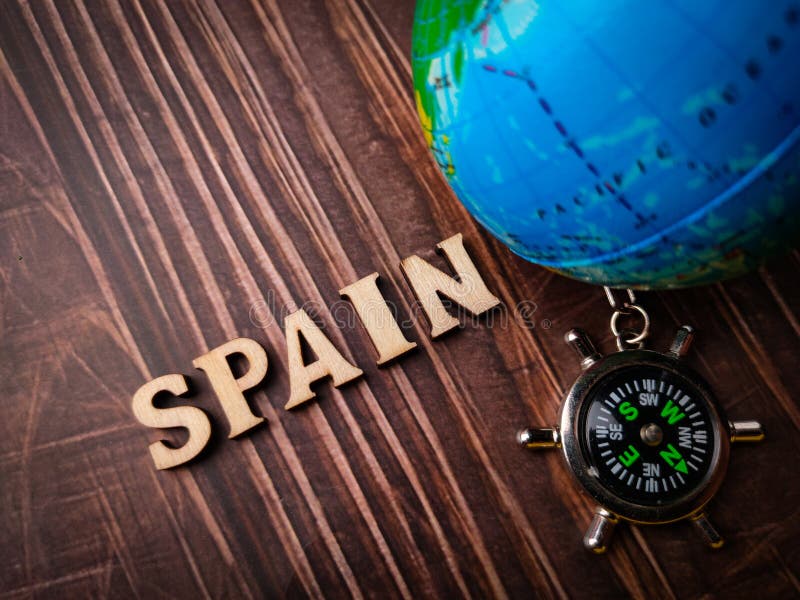 Top View Compass,earth Globe and Wooden Word with Text SPAIN Stock ...
