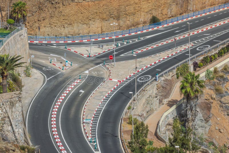 Top View of Complex Road Interchange in Mountainous Terrain ...