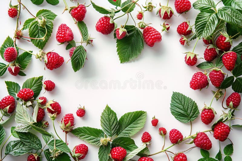Top View Composition Red Ripe Raspberries with Leaves Border Frame on ...