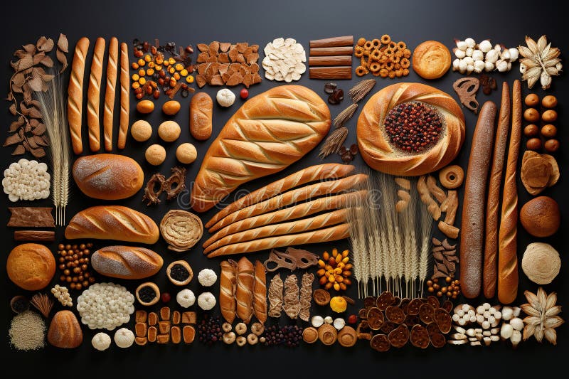 Top View Composition of Various Types of Bread Forming a Harmonious and ...