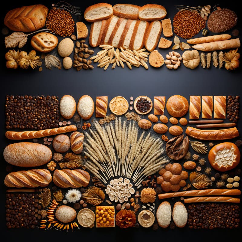 Top View Composition of Various Types of Bread Forming a Harmonious and ...