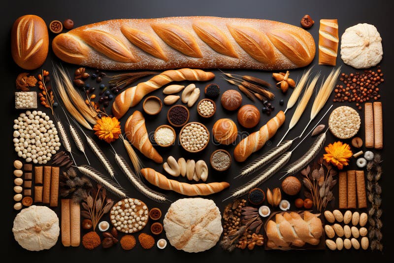 Top View Composition of Various Types of Bread Forming a Harmonious and ...
