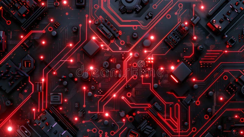 Top View of Computer Circuits with Red Lights Stock Illustration ...