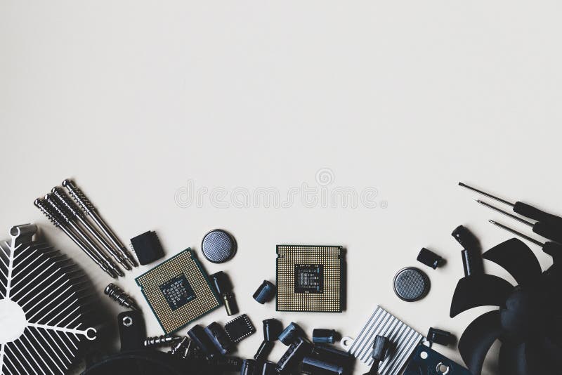 Top View of Computer Parts and Components on White Background with Copy ...