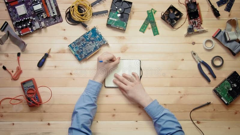 Top View Computer Technician Repairing Hard Drive at Wooden Desk with ...
