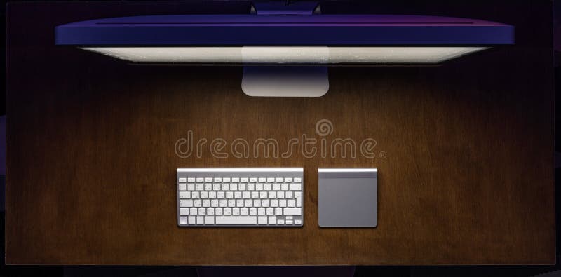 Top View, Computer on a Wooden Table at Night, Work Desk. Stock Image ...