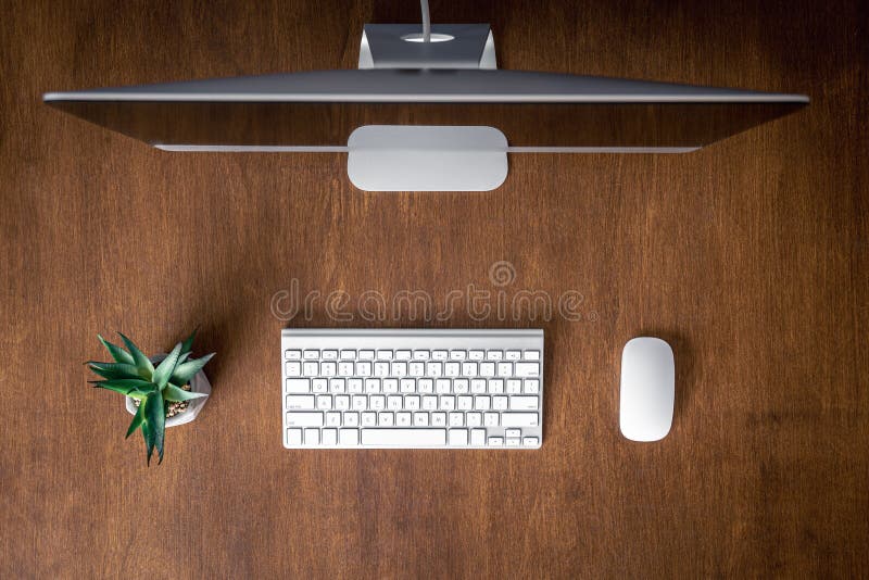 Top View, Computer on a Wooden Table, Work Desk. Stock Photo - Image of ...