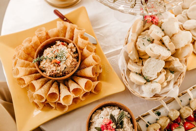 Top View of Cone Crackers Served with Sauce for a Banquet Stock Image - Image of kitchen, sauce ...