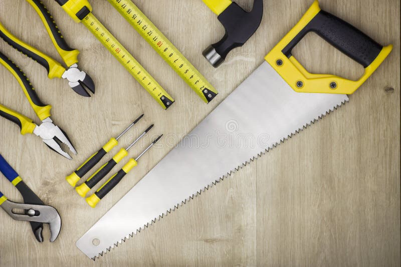 Top View of Construction Instruments and Tools on Wooden DIY Workbench ...