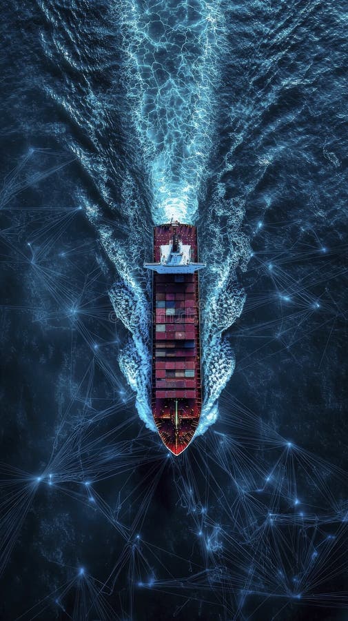 Top View of Container Ship Showing Digital Pathways Stock Illustration ...