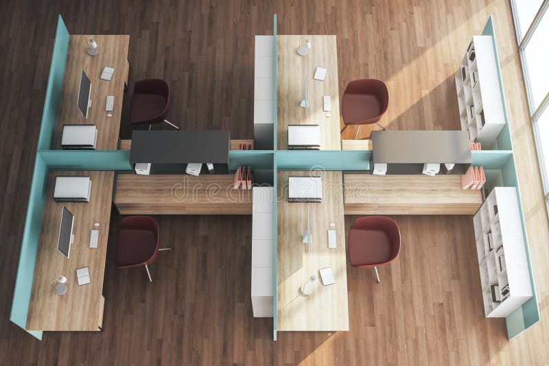 Top View of Contemporary Office Interior with Computers on Table and ...