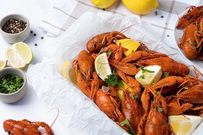 Top View of Cooked Crawfish Platter with Lemons and Spices Stock Image ...