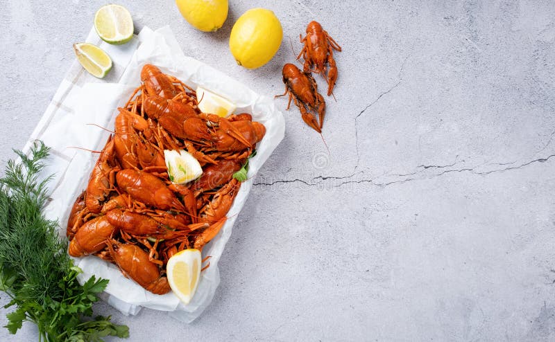 Top View of Cooked Crawfish Platter with Lemons and Spices Stock Image ...