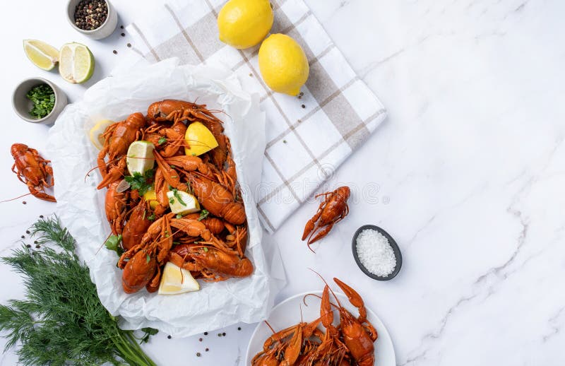 Top View of Cooked Crawfish Platter with Lemons and Spices Stock Image ...