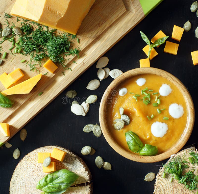 Top View on Cooked Cream of Pumpkin Soup in a Bowl on the Table Stock ...