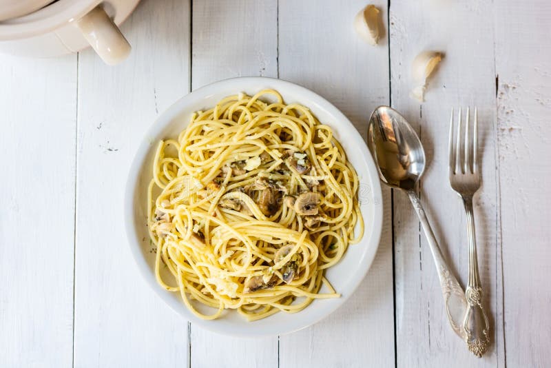 Top View of Cooked Spaghetti in a White Bowl Stock Photo - Image of ...