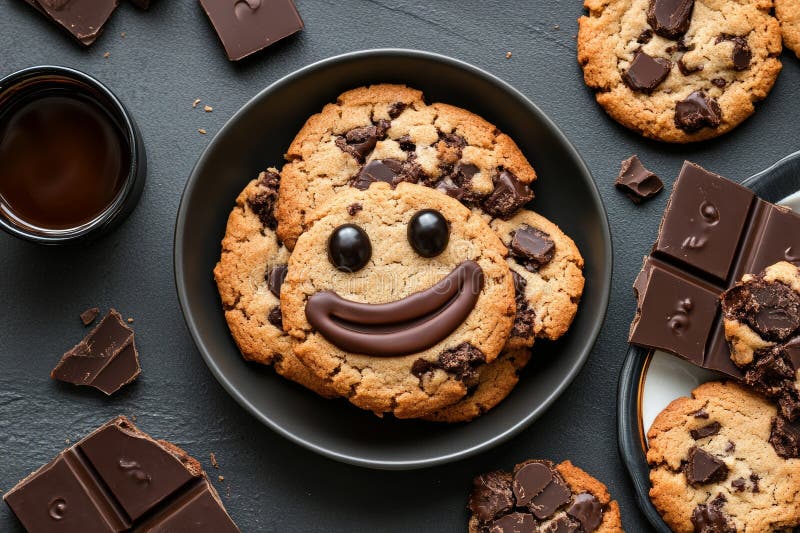 Top View of Cookies with Chocolate in Bowl with Smile on it Stock ...