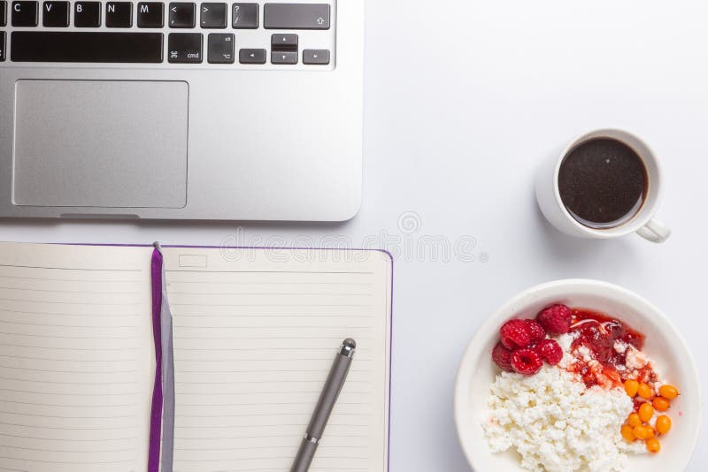 Top View, Copyspace, White Table, Computer, Coffee, Curd and Jam Stock ...