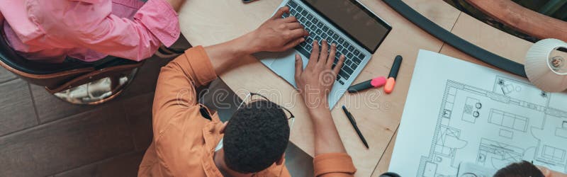 Top View of Coworkers Working Together at Modern Office. Workplace and ...