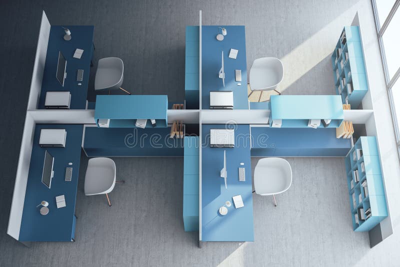 Top View of Coworking Office Interior Hall with Computers on Table ...