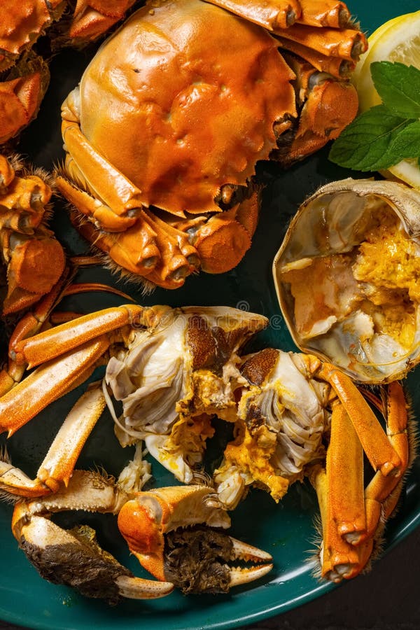 Crabs with One Opened Showing the Crab Roe and Meat Horizontal ...