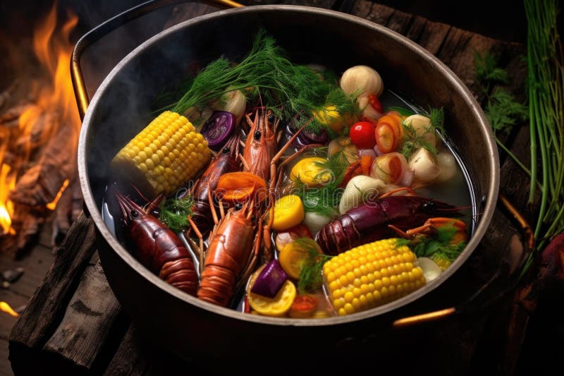 Top View of Crawfish and Corn Cooking in a Pot Over Fire Stock ...