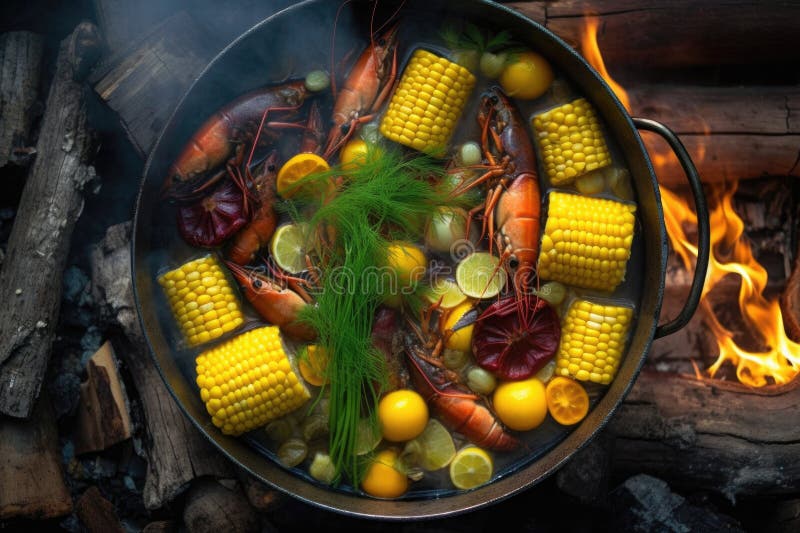 Top View of Crawfish and Corn Cooking in a Pot Over Fire Stock ...