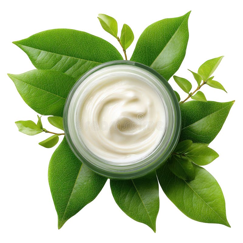 Top View of Cream in a Jar Surrounded by Green Leaves on a Black ...