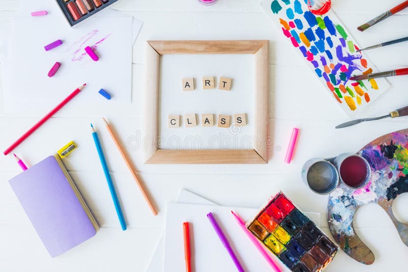 Top View Creative Art Class Concept. Canvas in Frame with Lettering ...