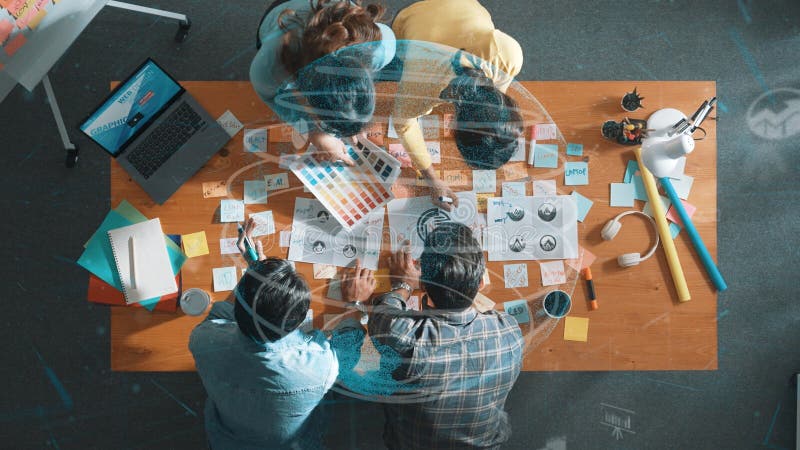 Top View of Creative Designer Work Together with Hologram of Global ...