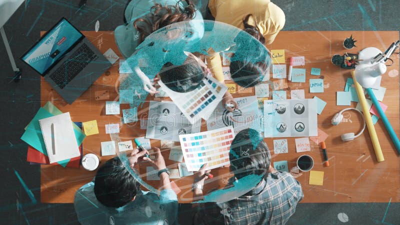 Top View of Creative Designer Work Together with Hologram of Global ...