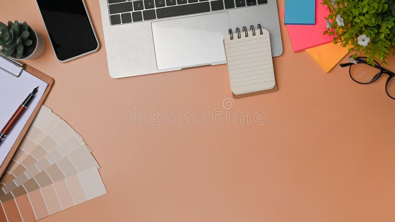 Creative Designer Workspace with Smart Phone, Laptop and Color Swath ...