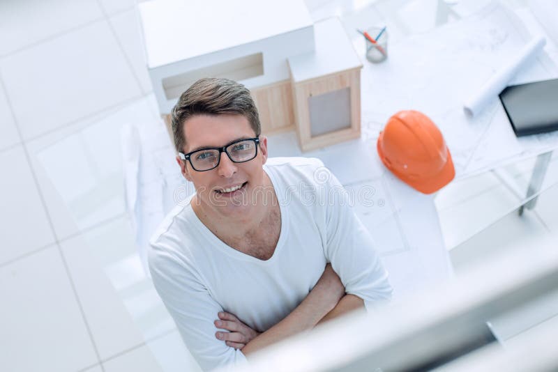 Top View. Creative Young Man Standing in Design Studio Stock Image ...