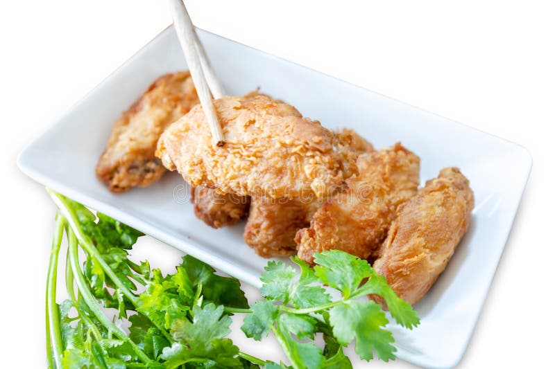 Top View of Crispy Fried Chicken with Fish Sauce and Coriander, Focus ...