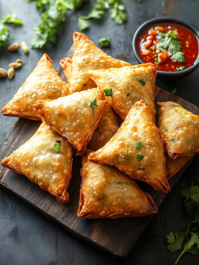 Top View of a Crispy Samosas on a Wooden Surface Stock Illustration ...
