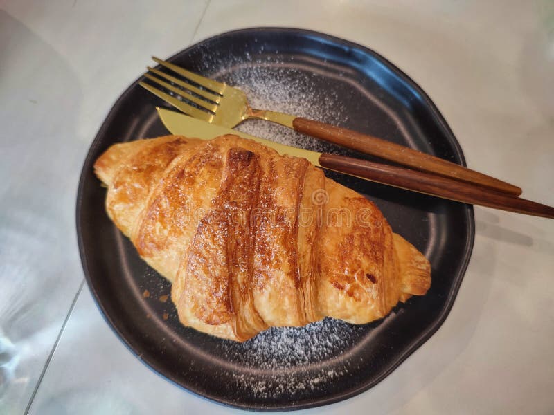 Top View of Croissant on Black Dish. Stock Image - Image of snack ...