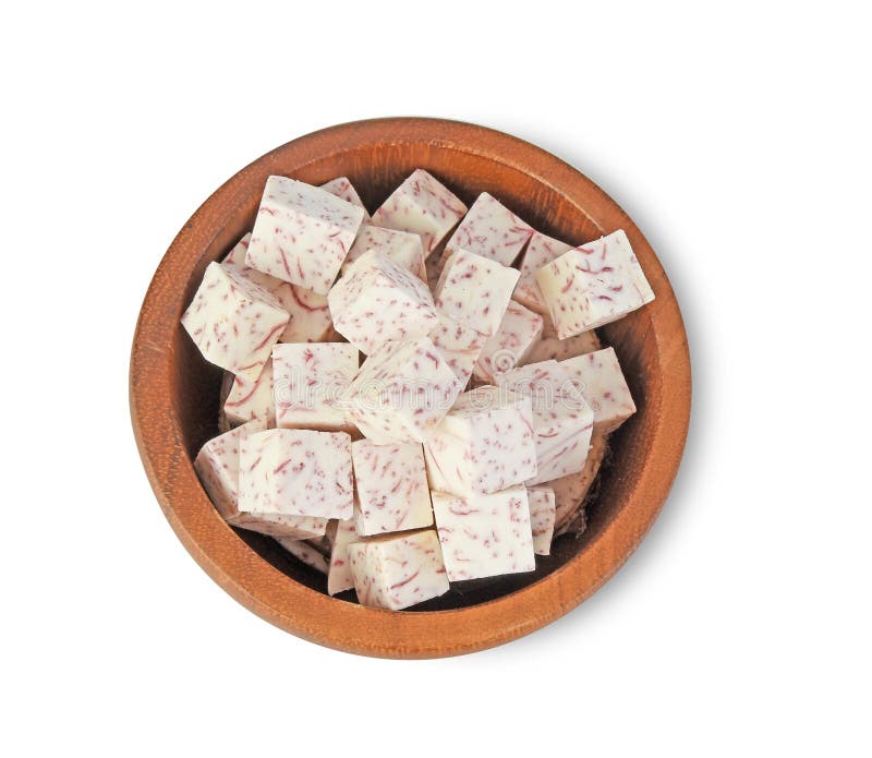 Top View, Cube of Taro Root in Wooden Bowl Isolated on White Background ...