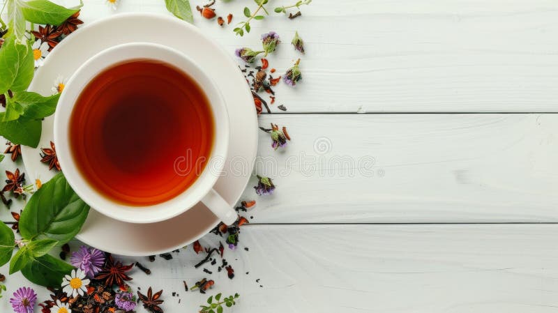The Top View of a Cup of Black Tea on the Surface Covered with a Pile ...