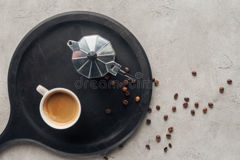 Top View of Cup of Coffee and Moka Pot Stock Photo - Image of ...