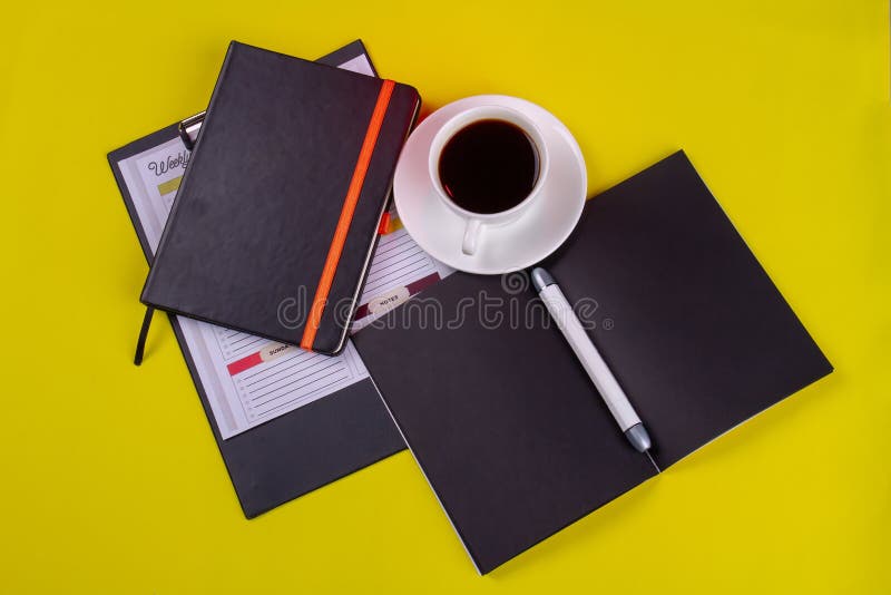 Top View Cup of Strong Coffee with Books and Pen. Stock Photo - Image ...