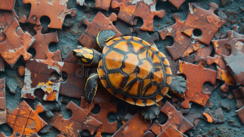 Top View of a Cute Turtle Engrossed in a Jigsaw Puzzle, Ai Generated ...
