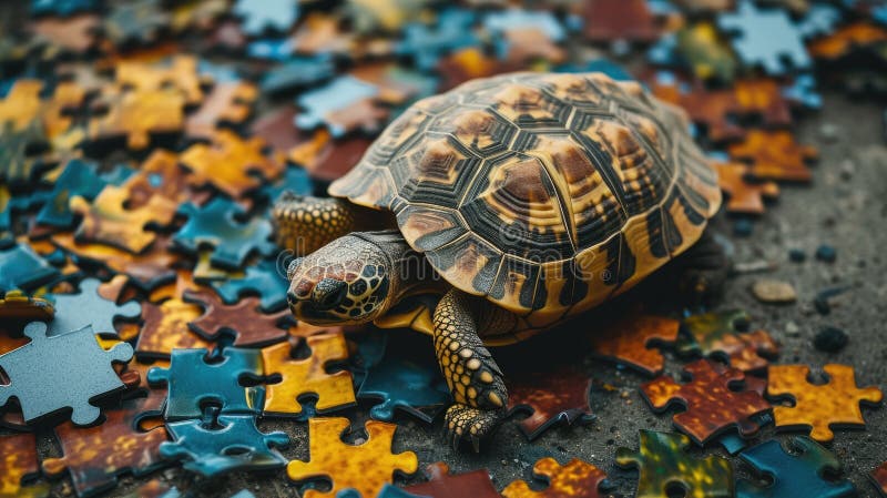 Top View of a Cute Turtle Engrossed in a Jigsaw Puzzle, Ai Generated ...