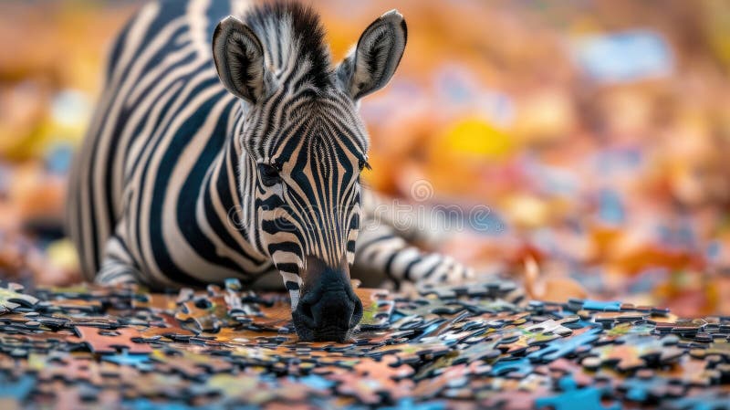 Top View of a Cute Zebra Focused on a Jigsaw Puzzle, Ai Generated Stock ...