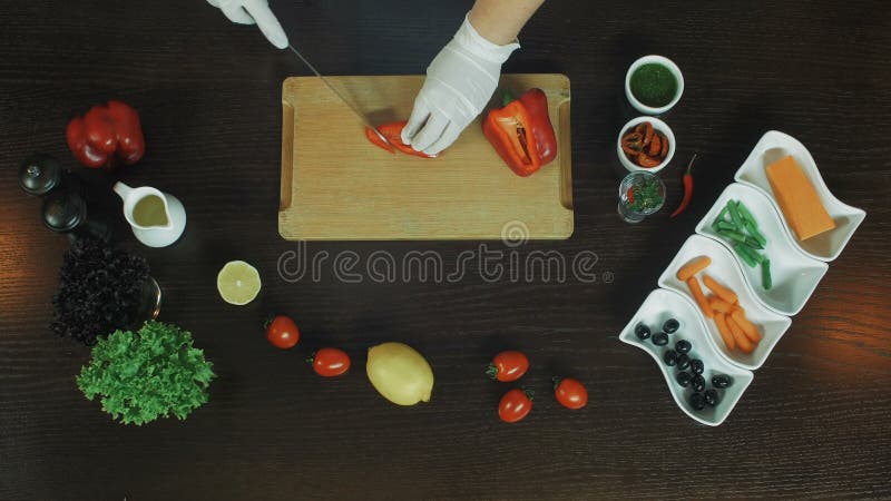 Top View Cutting Pepper on Board with Chef Hands Stock Footage - Video ...