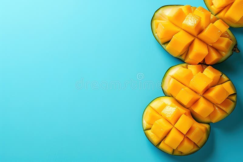 Top View Cutting Tasty Mango on Blue Background Stock Illustration ...