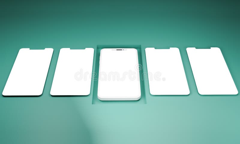 Top View of 3D Render Empty Smartphone Screens Mockup on Gradient Green ...