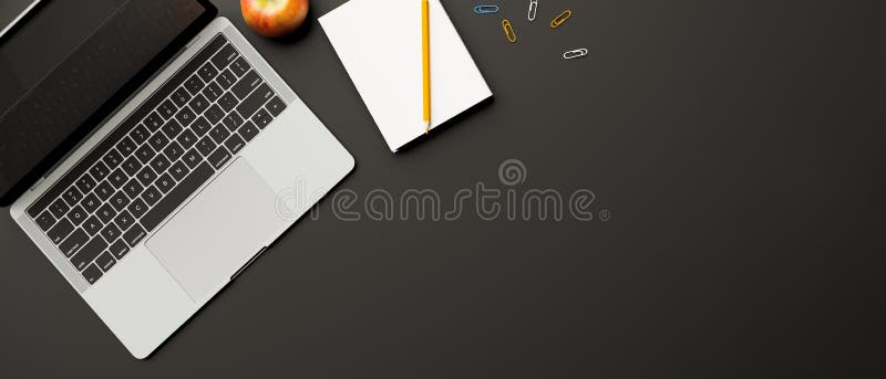 Top View, 3D Rendering, Dark Study Table with Laptop, Stationery, Apple ...